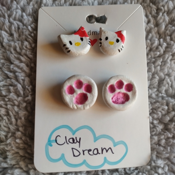 Accessories | 2 Pairs Of Earrings Shapes As Hello Kitty And Paws | Poshmark